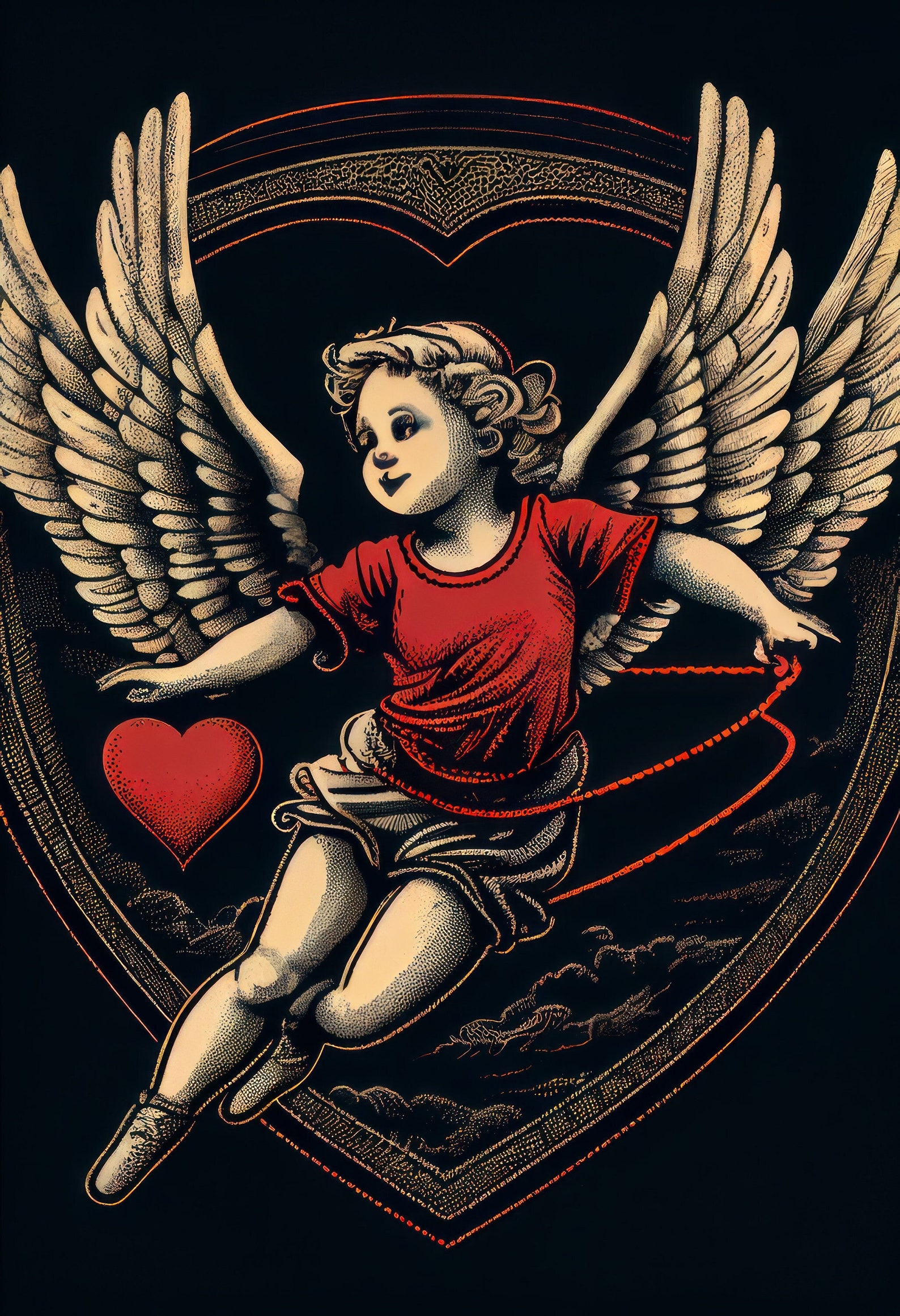 Cupid Flying in Gothic, Woodblock-style - Printable, Digital Greeting ...