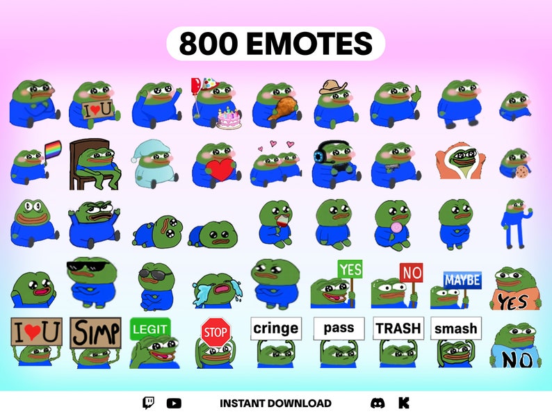 800 Pepe Emotes Pack for Twitch Youtube Discord Kick | Animated Emotes ...