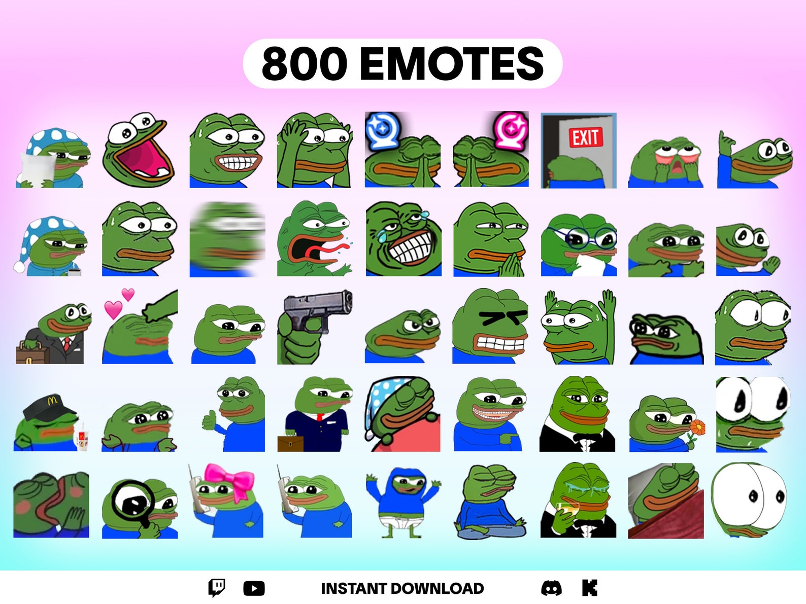 Paquete de 800 emoticones de Pepe para Twitch, YouTube, Discord, Kick ...