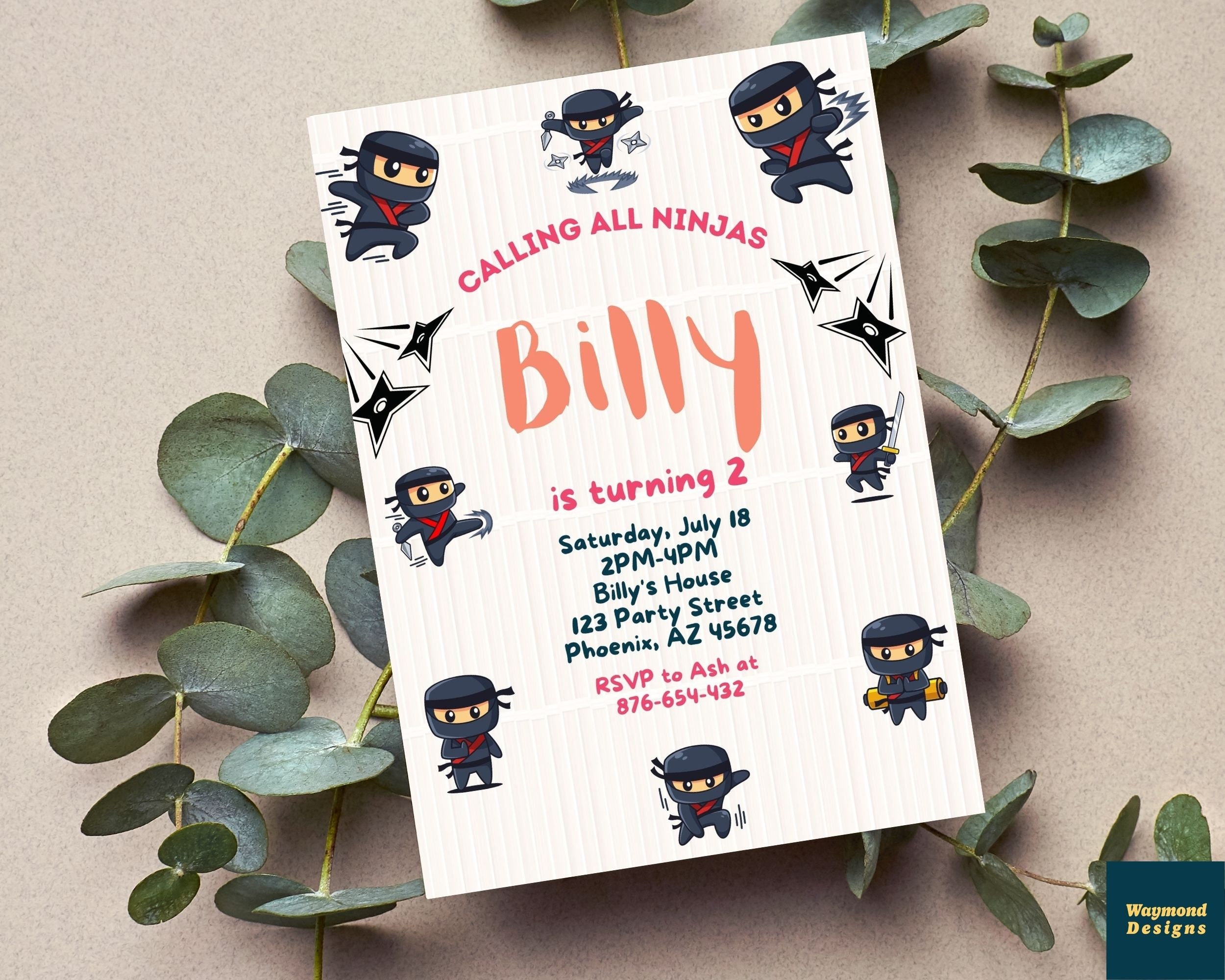 CANVA Invite Template, Editable Ninja Birthday Invitation, Digital Kids ...