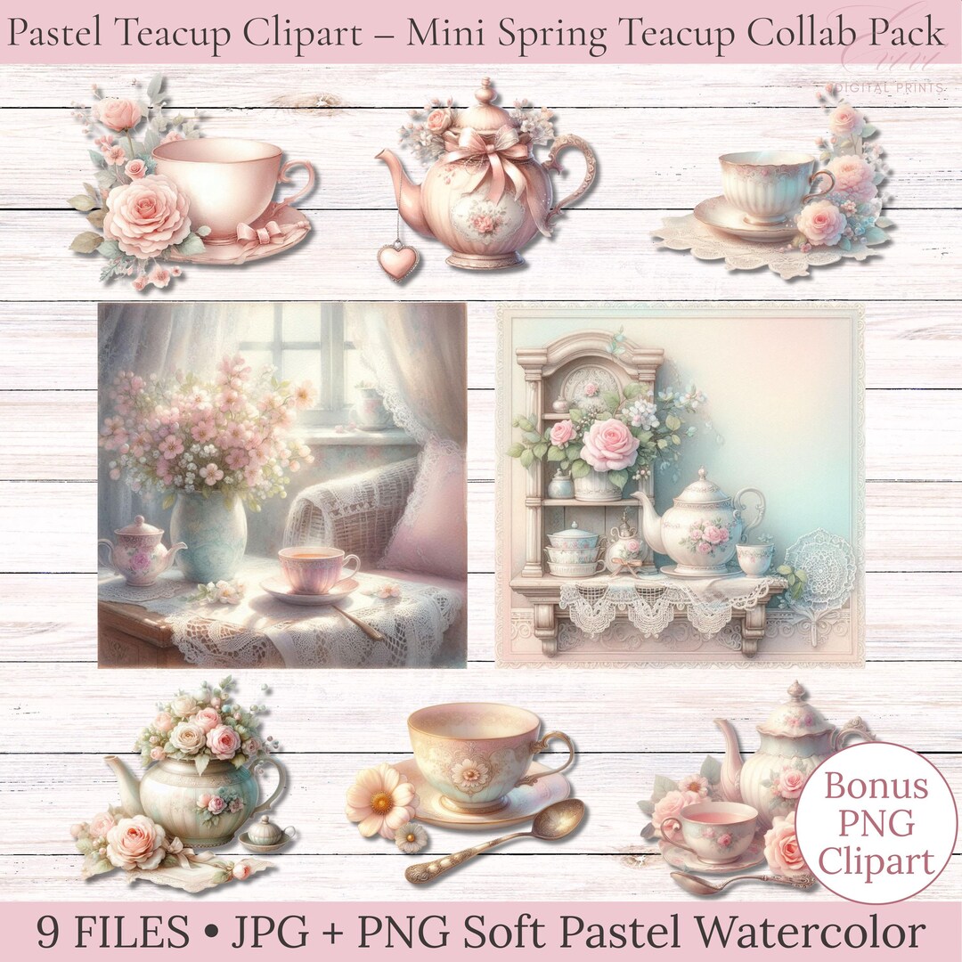 Spring Teacup Clipart Bundle • JPG + PNG Collab Pack • Soft Pastel ...