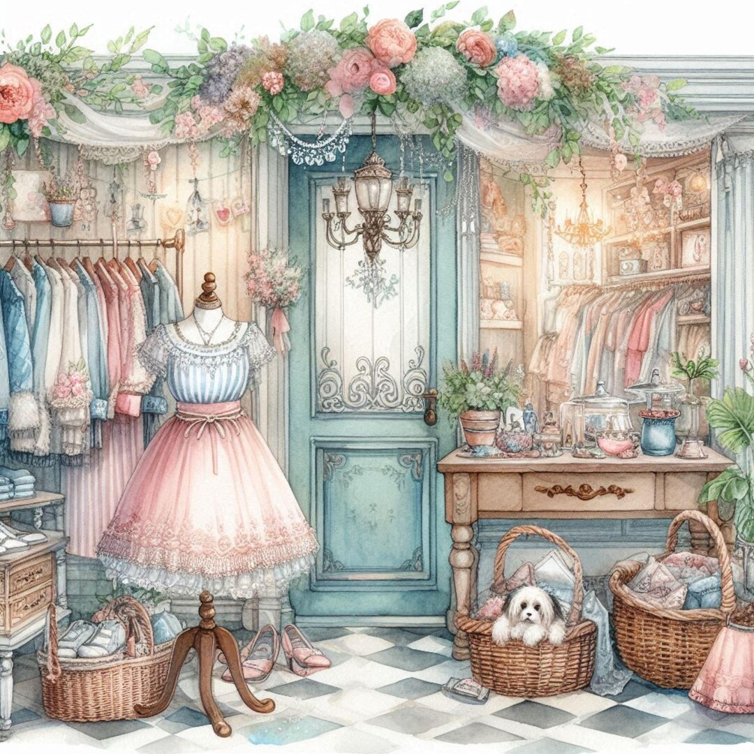 Shabby Chic Clothing Store Clipart Bundle – Pastel Boutique Interior ...