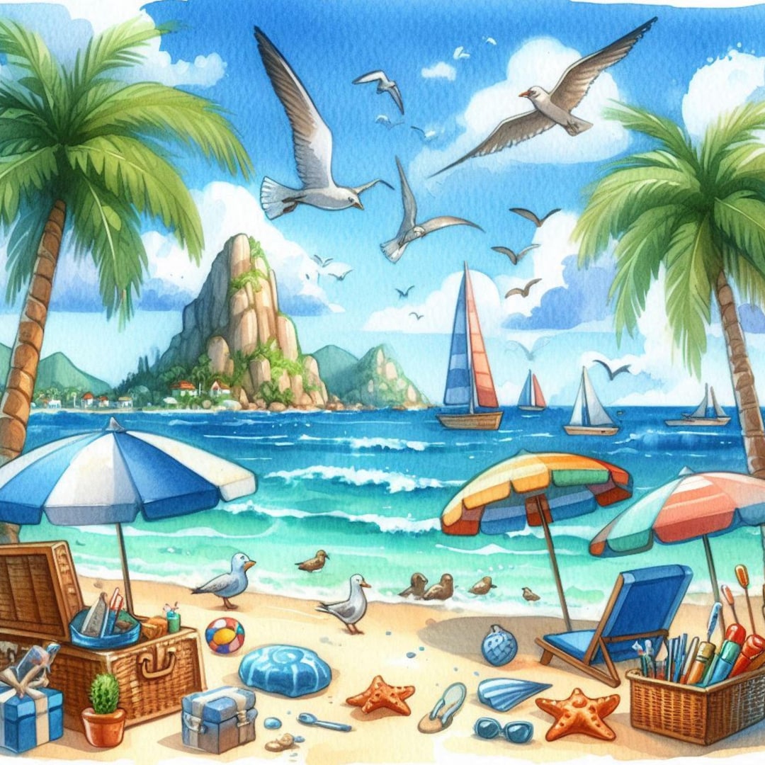 Cartoon Beach Scene Clip Art Bundle/12 High Res Watercolor Jpgs/junk ...