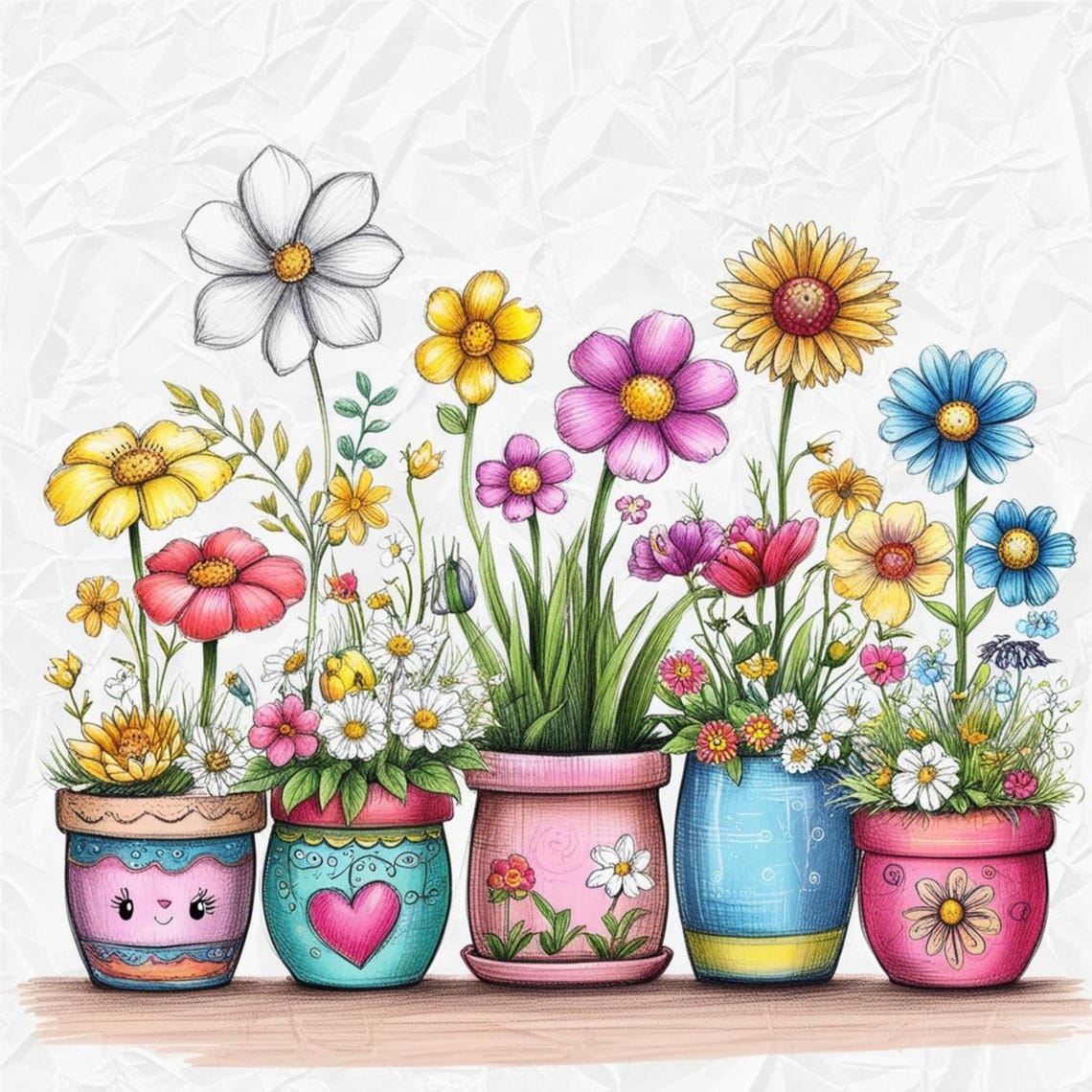Cute Whimsical Quirky Flower Clip Art Bundle/16 Row of Flowers High Res ...