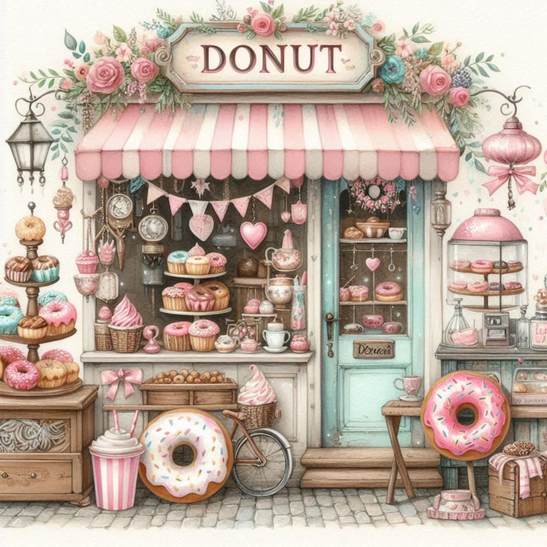 Shabby Chic Donut Shop Clip Art Bundle 13 Watercolour Jpgs Junk Journal ...