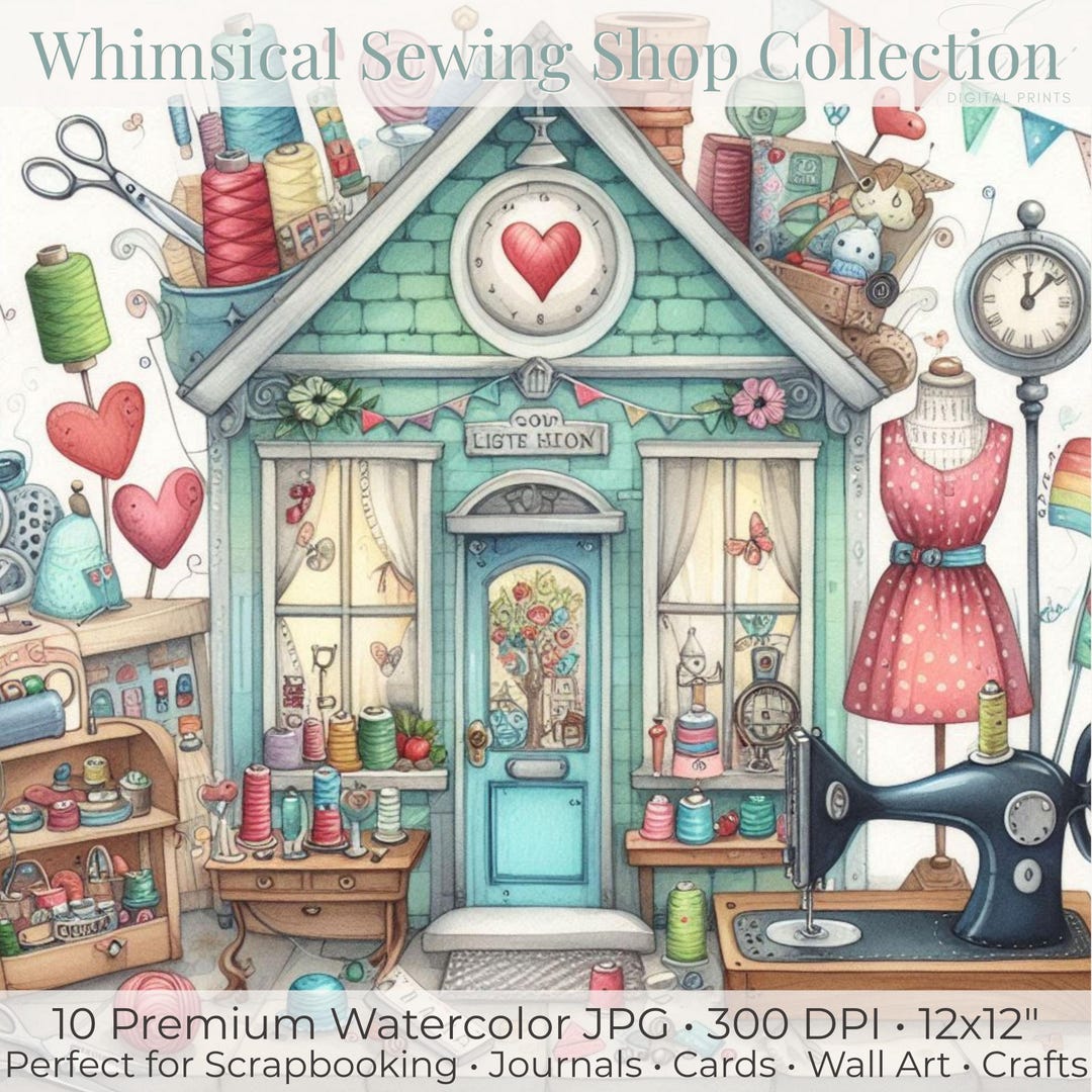 Whimsical Sewing Shop Clipart Bundle, Watercolor Sewing Room Jpgs, Junk ...