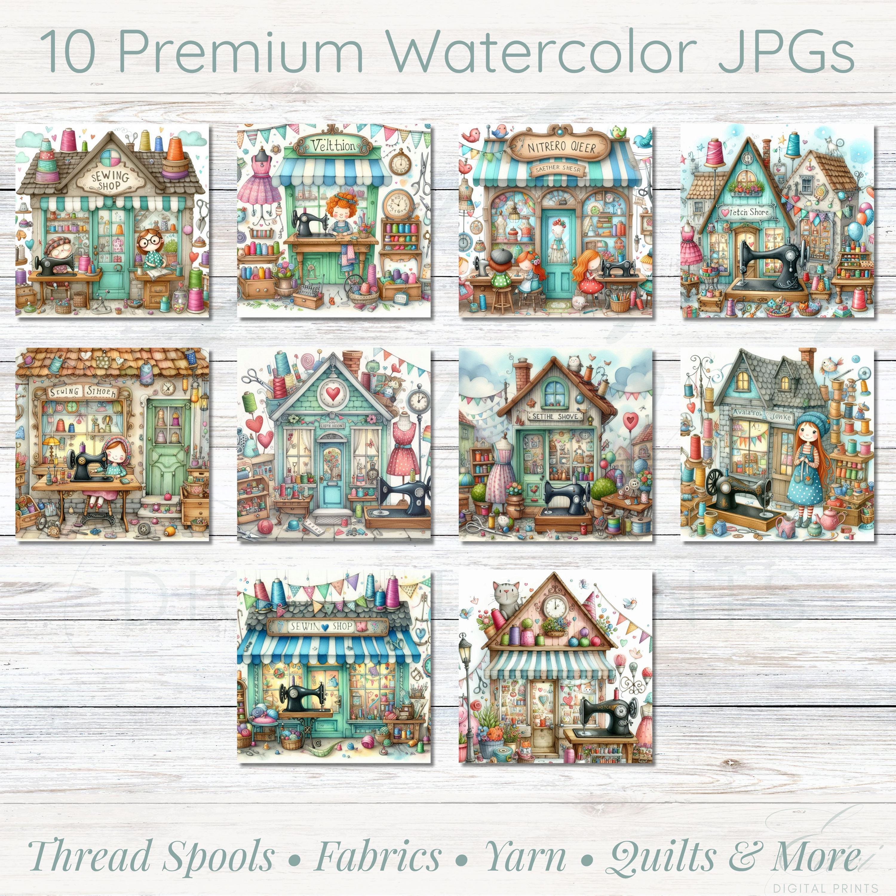 Whimsical Sewing Shop Clipart Bundle, Watercolor Sewing Room Jpgs, Junk ...