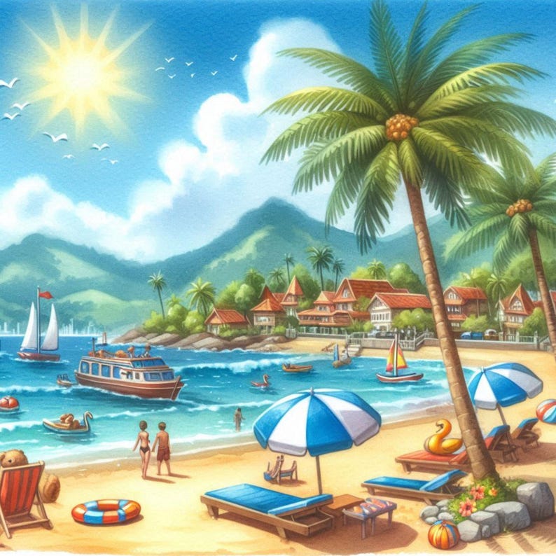 Cartoon Beach Scene Clip Art Bundle/12 High Res Watercolor Jpgs/junk ...
