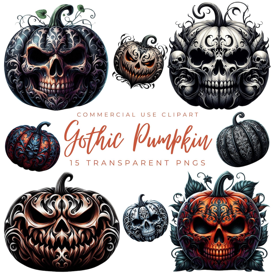 Gothic Pumpkin Clipart Bundle–15 Watercolor PNG Halloween Pumpkins ...