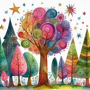 Whimsical Quirky Trees Colorful Clipart Bundle 10 High Res Watercolor ...