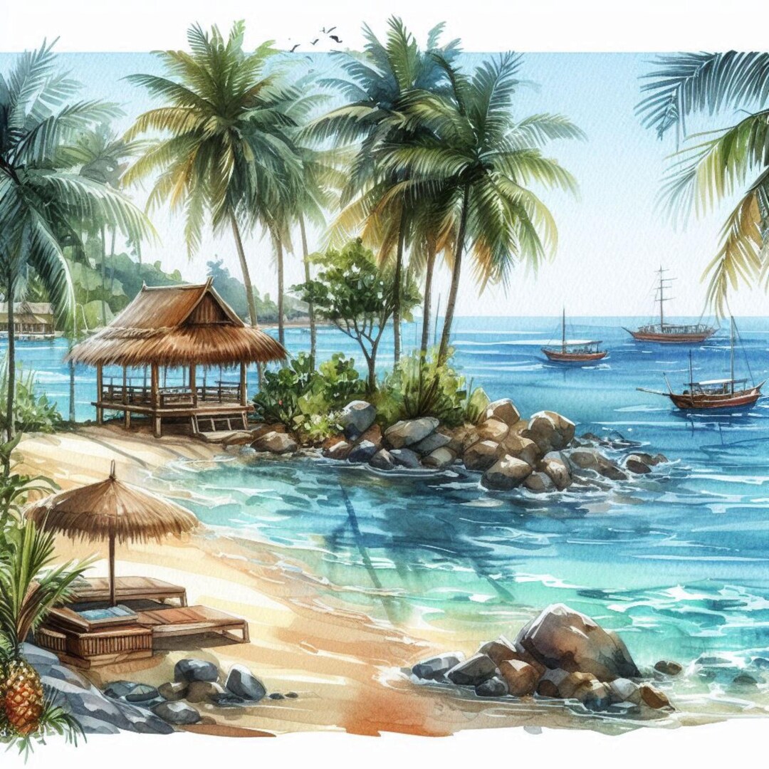Tropical Beach Clipart • Watercolor Ocean Palm Trees Backgrounds ...