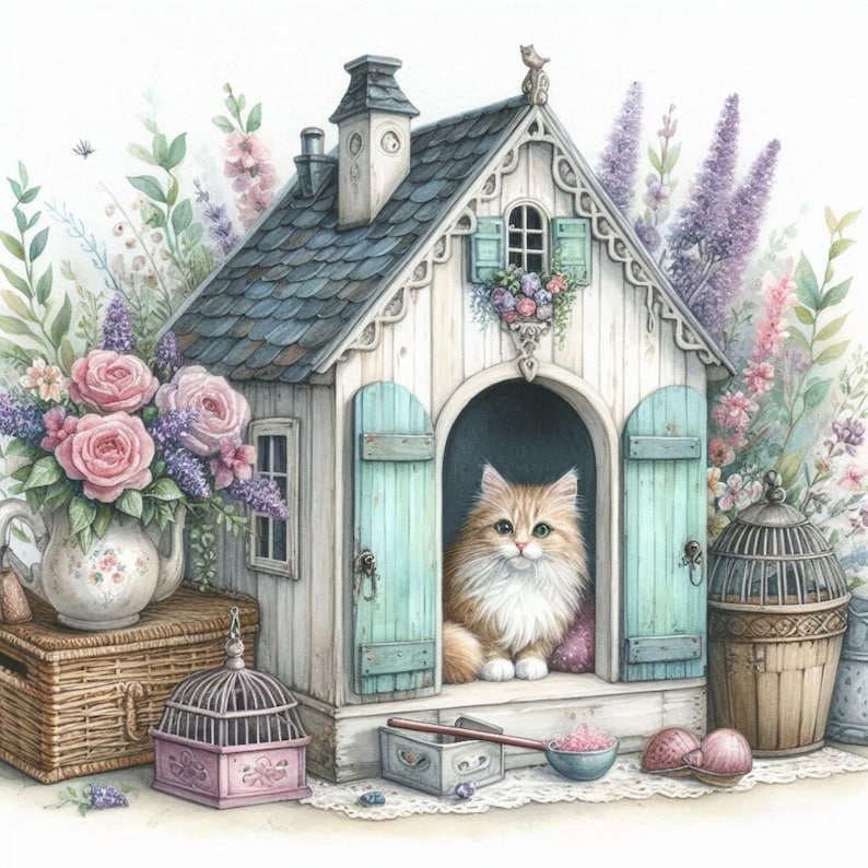 Shabby Chic Cat House Clipart Bundle 10 High Quality Watercolor Jpgs ...