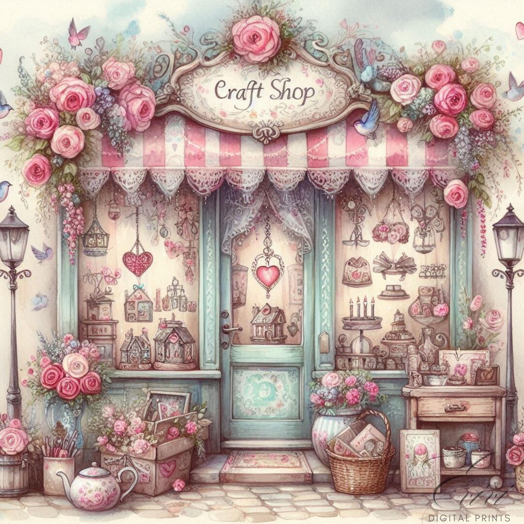 Shabby Chic Craft Shop Front Clipart JPG, Pastel Vintage Storefront ...