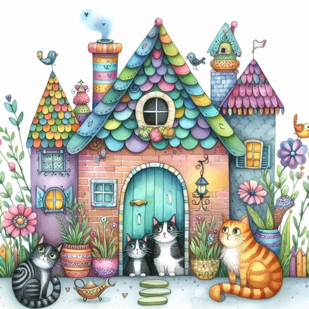 Whimsical Cat House Clipart Bundle – 10 Watercolor Cozy Homes/cute ...