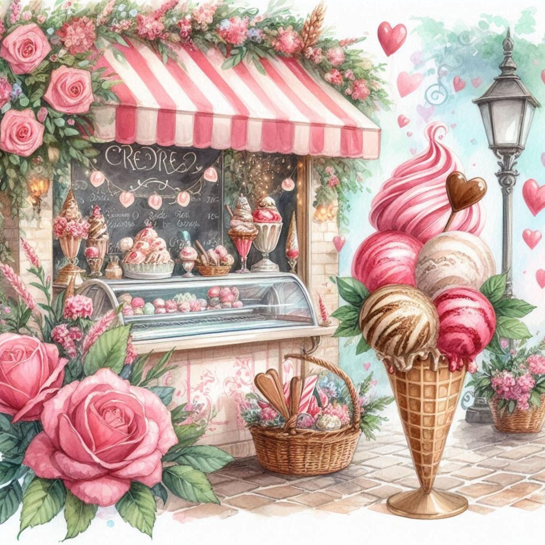 Romantic Ice Cream Parlor Clipart Bundle/10 Watercolour Jpgs Junk ...