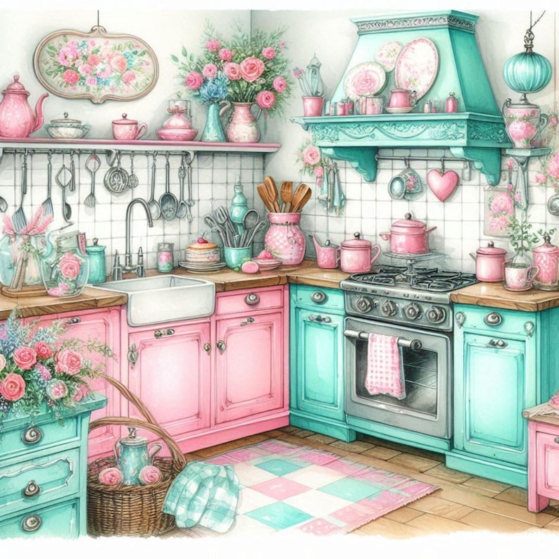 Shabby Chic Pink and Turquoise Kitchen Clipart Bundle 10 High Res ...