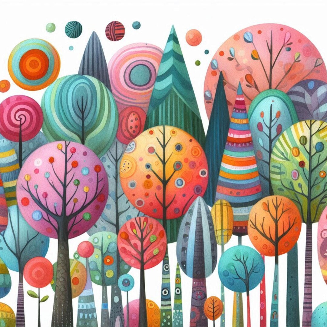 Quirky Trees Colorful Clipart Bundle, 10 Watercolor Jpgs for ...