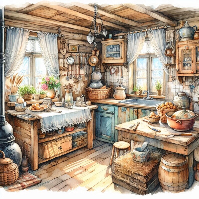 Old Country Kitchen Clip Art Bundle/10 Watercolour Jpgs Junk Journal ...