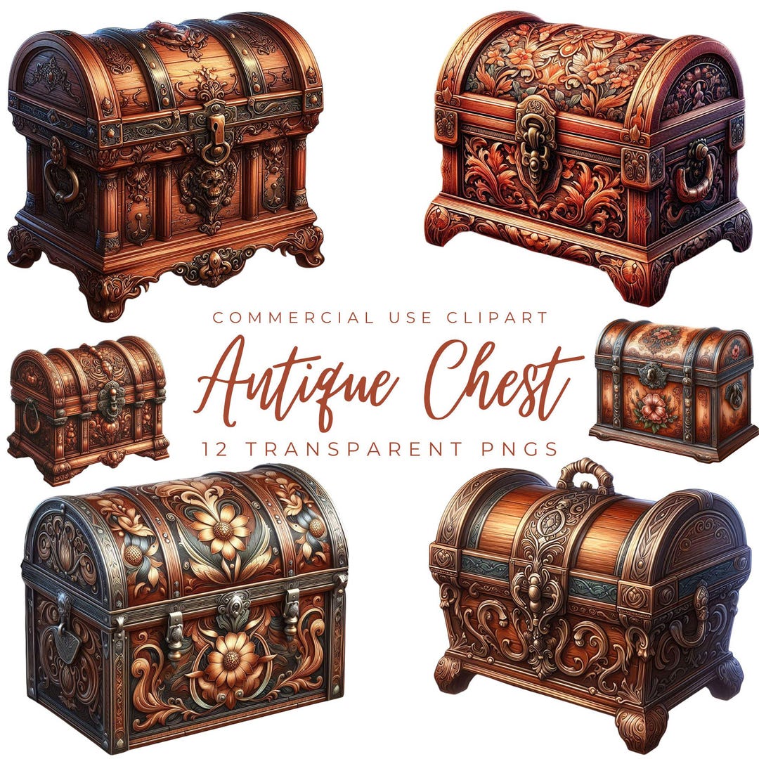 Antique Wooden Chest Clipart Png Set With Vintage Treasure Boxes and ...