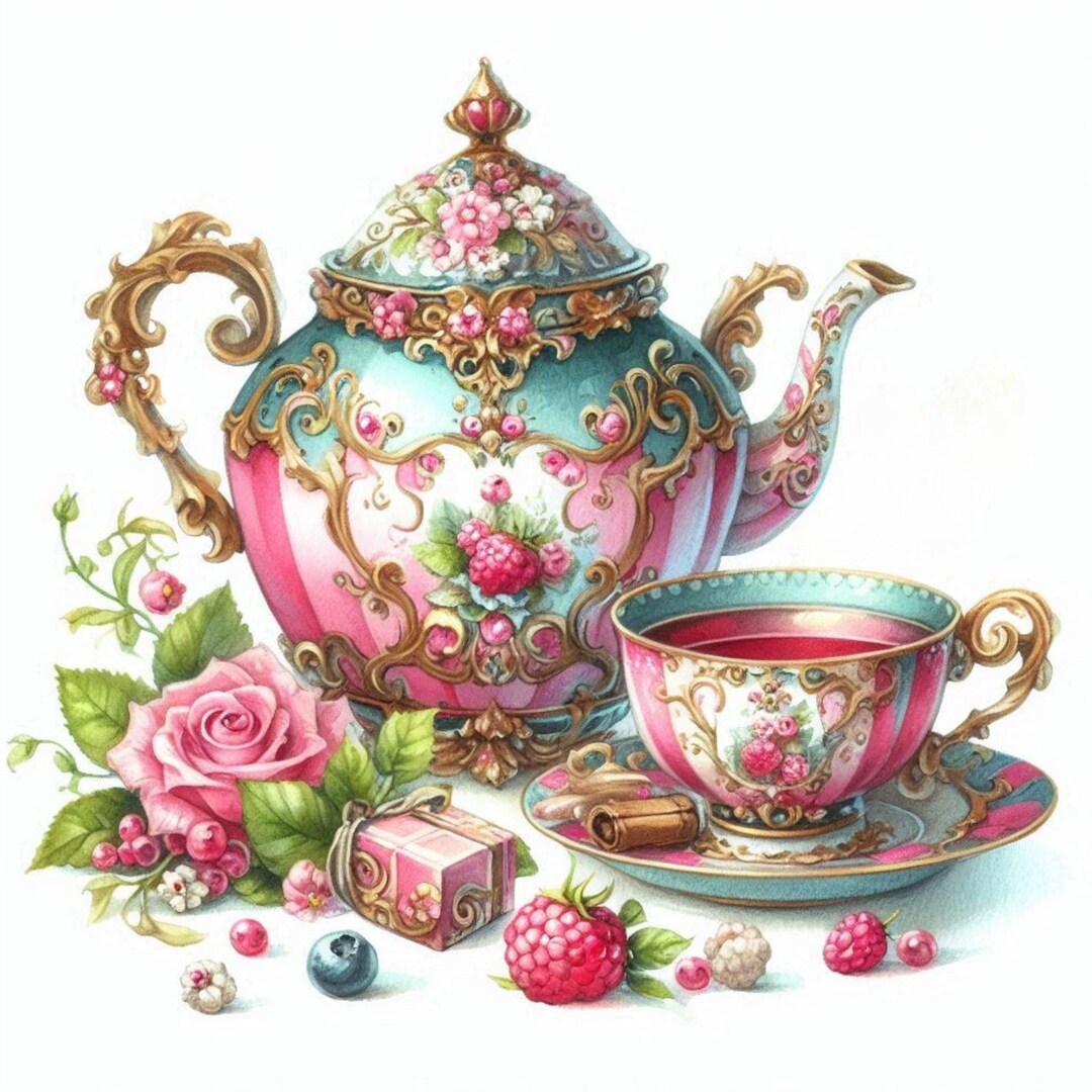 Rococo Tea Time Clipart Bundle JPG, Vintage Tea Party Illustrations ...