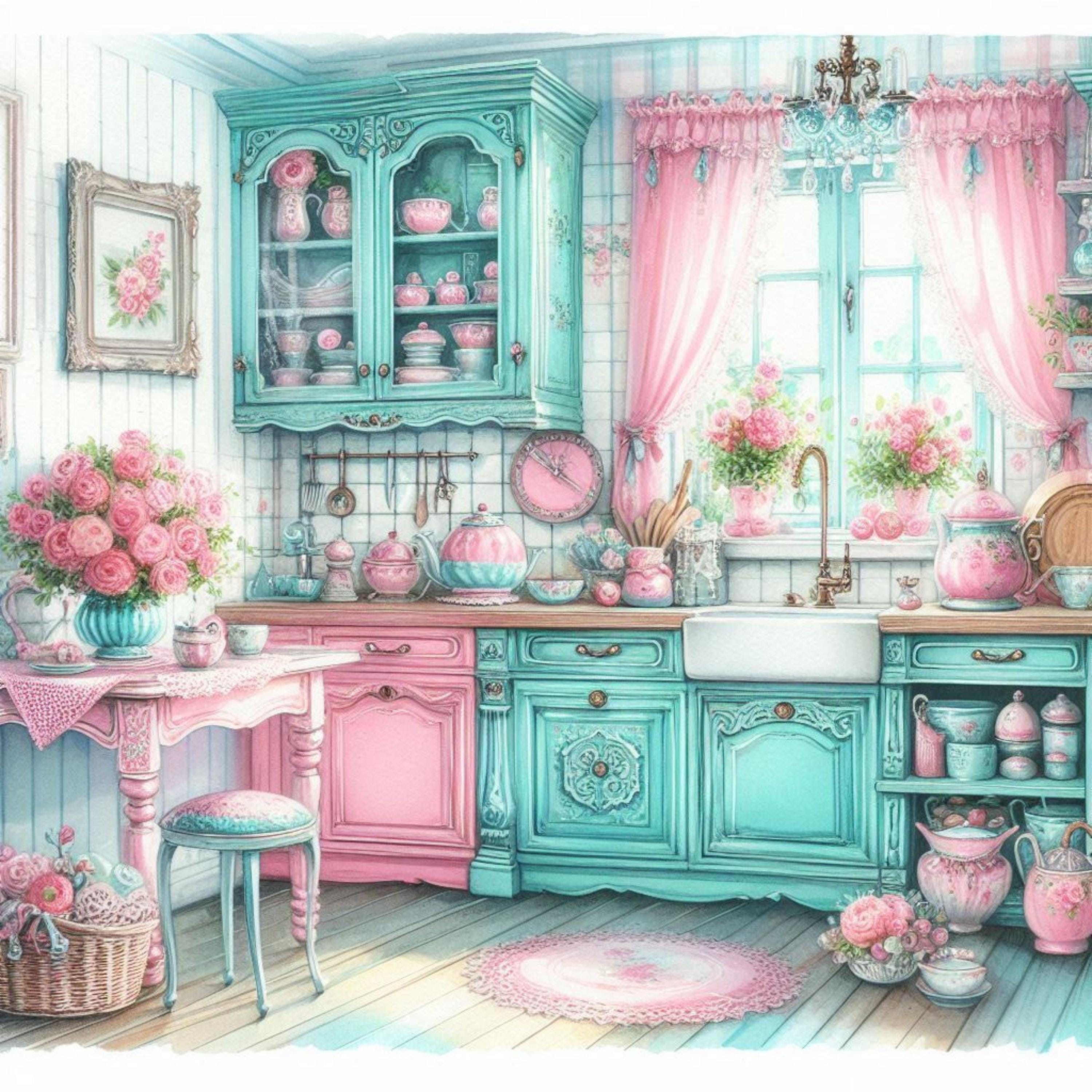 Shabby Chic Pink and Turquoise Kitchen Clipart Bundle 10 High Res ...