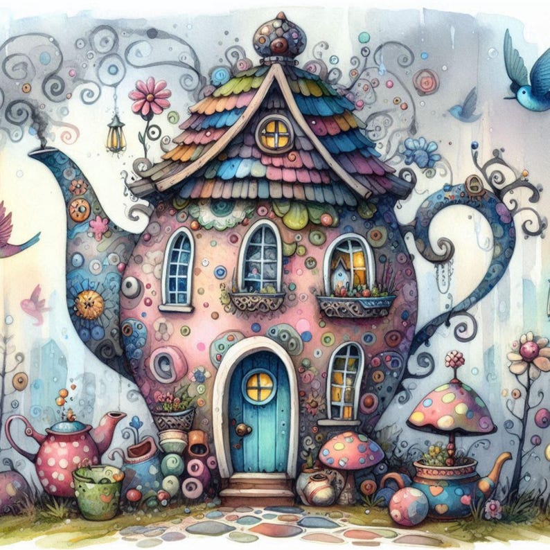 Quirky Whimsical Teapot House Clipart Bundle 10 High Res Watercolor ...