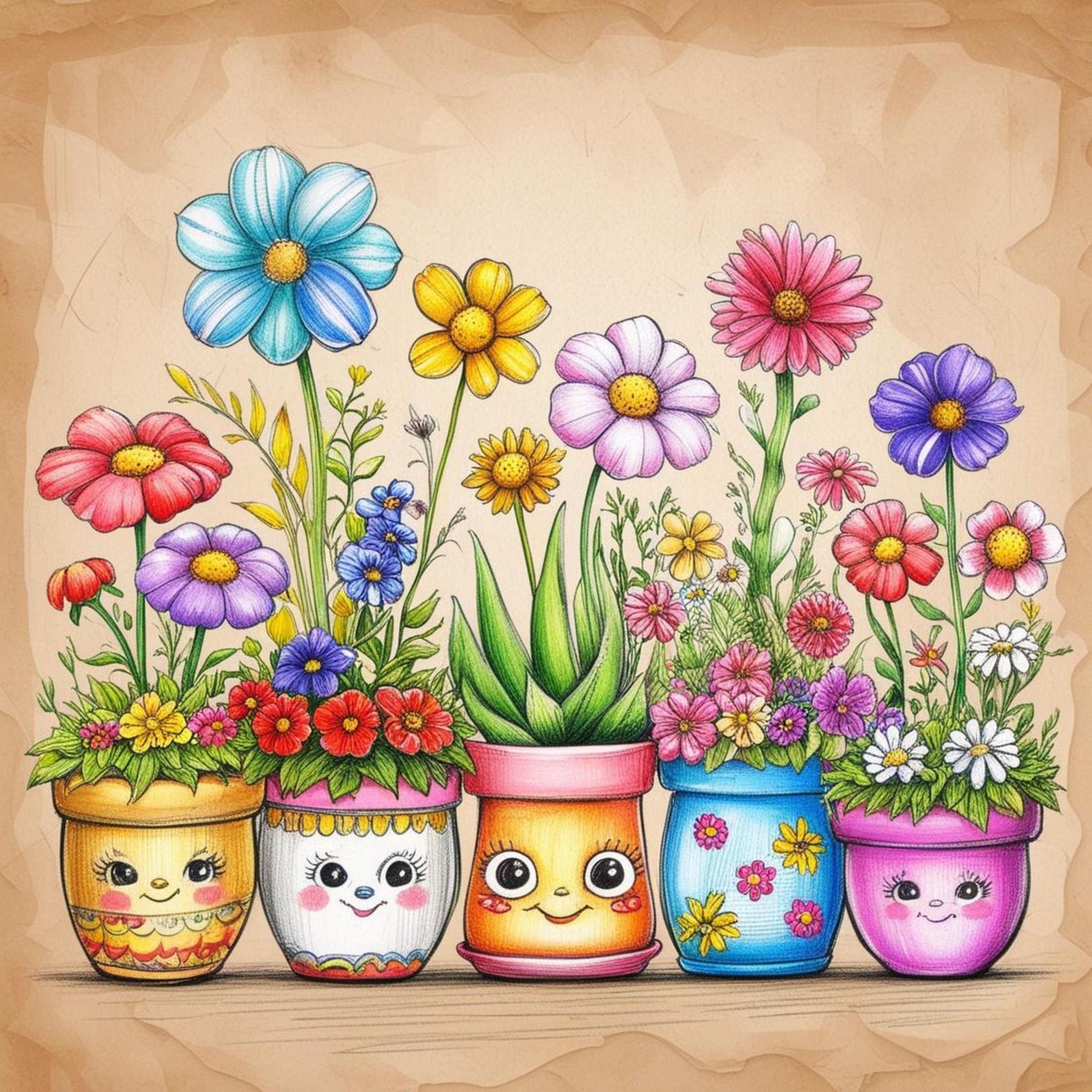 Cute Whimsical Quirky Flower Clip Art Bundle/16 Row of Flowers High Res ...