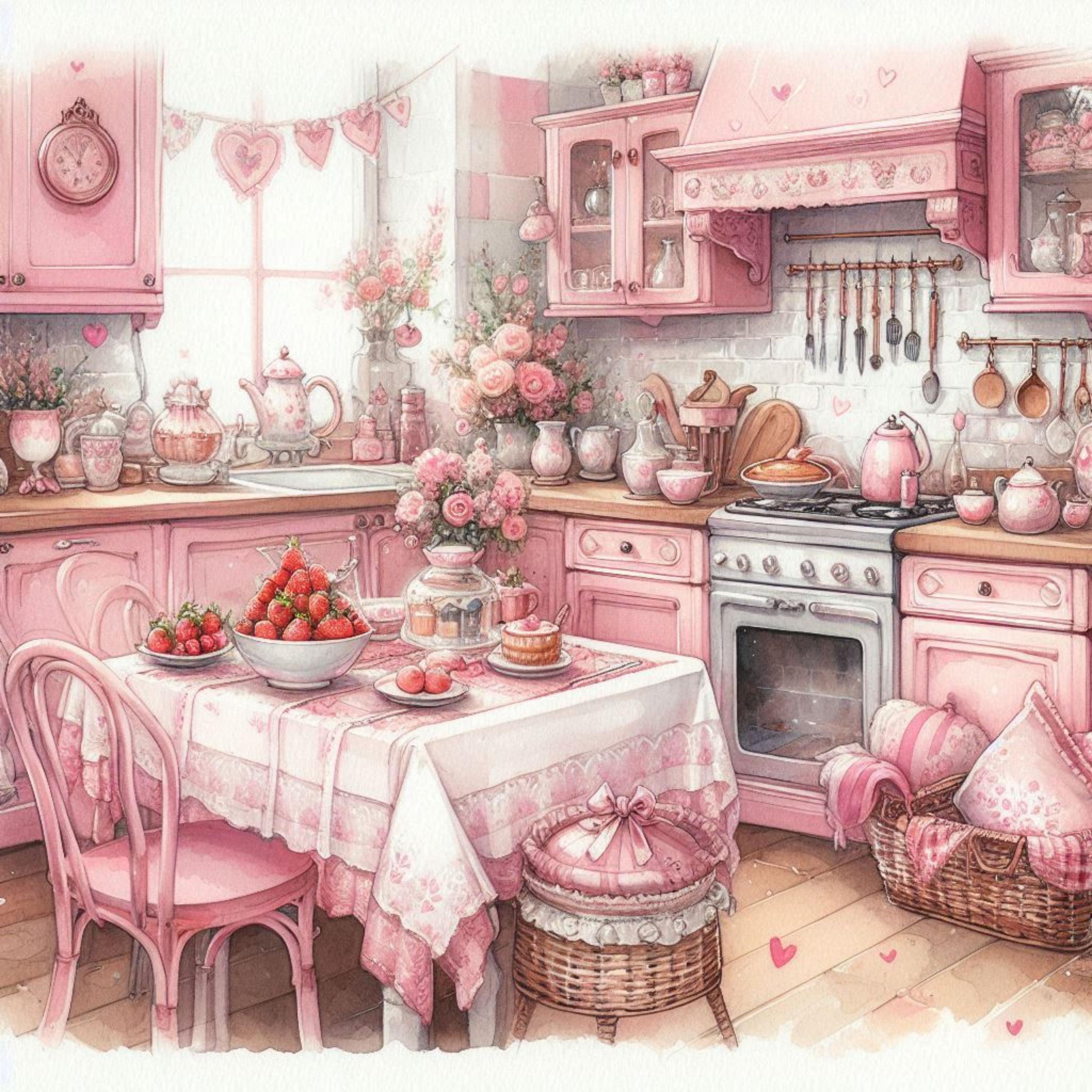 Romantic Pink Kitchen Digital Paper Clipart Bundle/10 Watercolour Jpgs ...