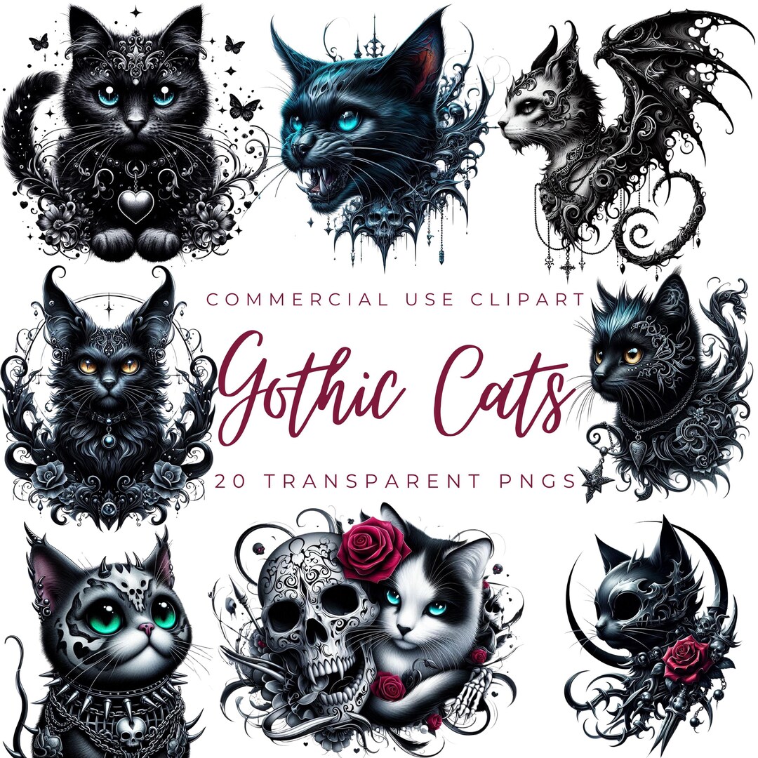 Gothic Cat BUNDLE Clipart, Watercolor Goth Clip Art, Png, Halloween and ...