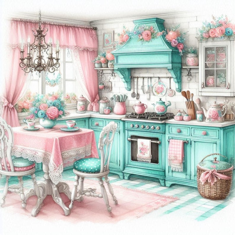 Shabby Chic Pink and Turquoise Kitchen Clipart Bundle 10 High Res ...