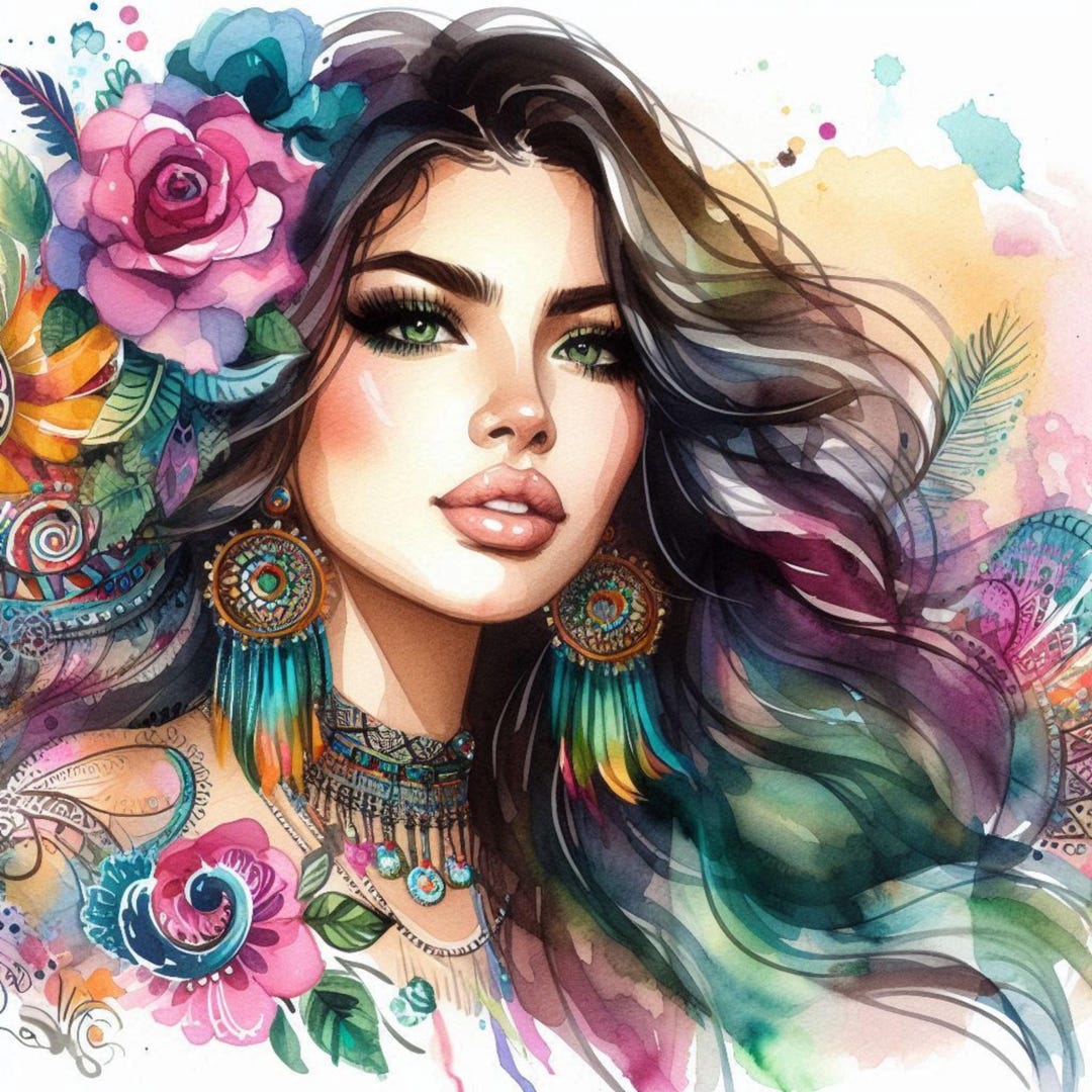 Colorful Latina Woman Watercolor Clipart Bundle | Vibrant Portrait JPG ...