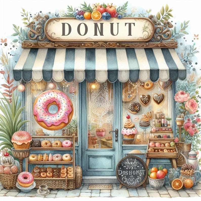Shabby Chic Donut Shop Clip Art Bundle 13 Watercolour Jpgs Junk Journal ...