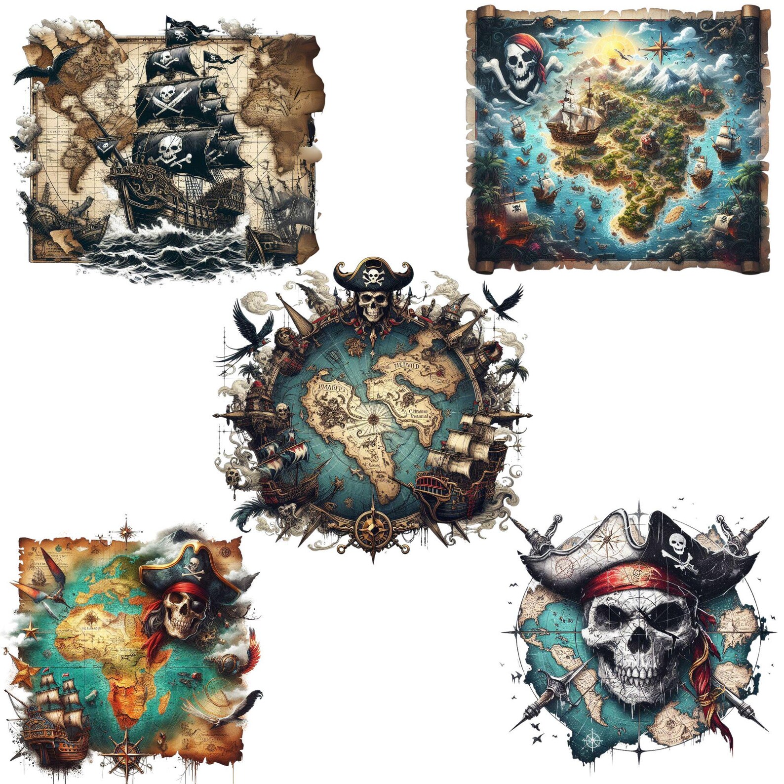Pirate Map PNG Clipart Bundle, 14 Vintage Treasure Map Graphics for ...