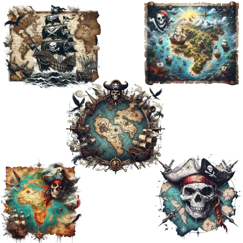 Pirate Map PNG Clipart Bundle, 14 Vintage Treasure Map Graphics for ...