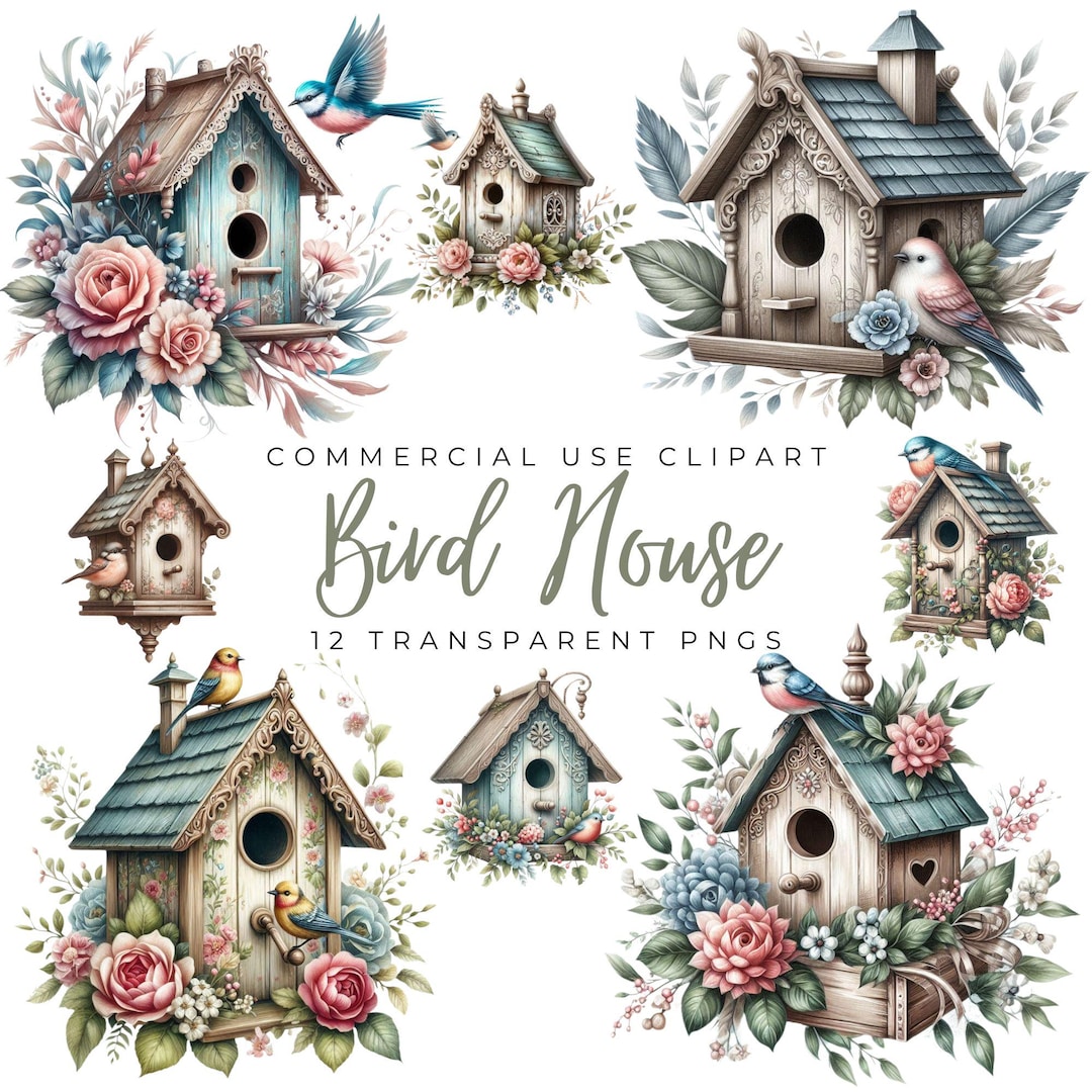Bird House Watercolor Shabby Chic Clip Art/12 High Quality PNG Digital ...