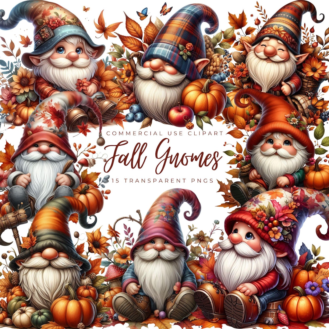 15 PNG Fall Gnome Clipart Bundle/diy Craft Creation/junk Journal Kit ...