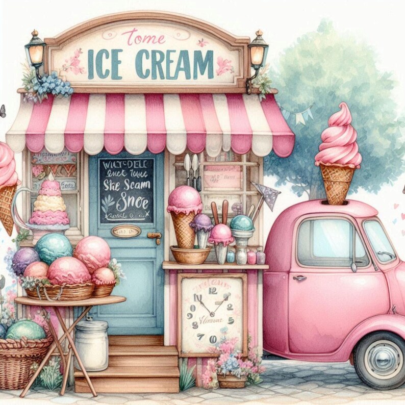 Shabby Chic Ice Cream Shop Clipart Bundle/10 High Res Watercolour Jpgs ...