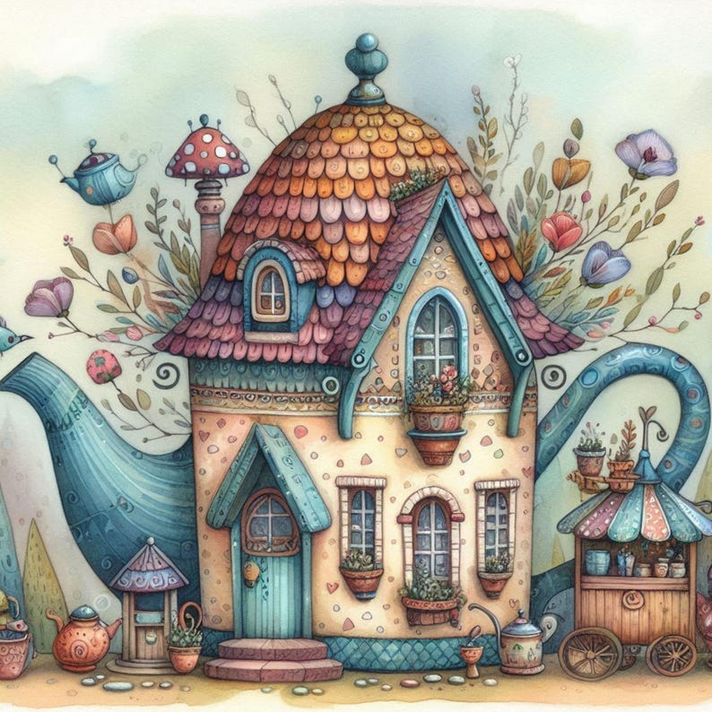 Quirky Whimsical Teapot House Clipart Bundle 10 High Res Watercolor ...