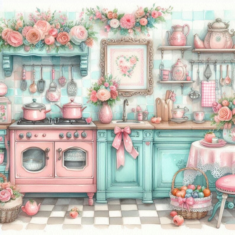 Shabby Chic Pink and Turquoise Kitchen Clipart Bundle 10 High Res ...