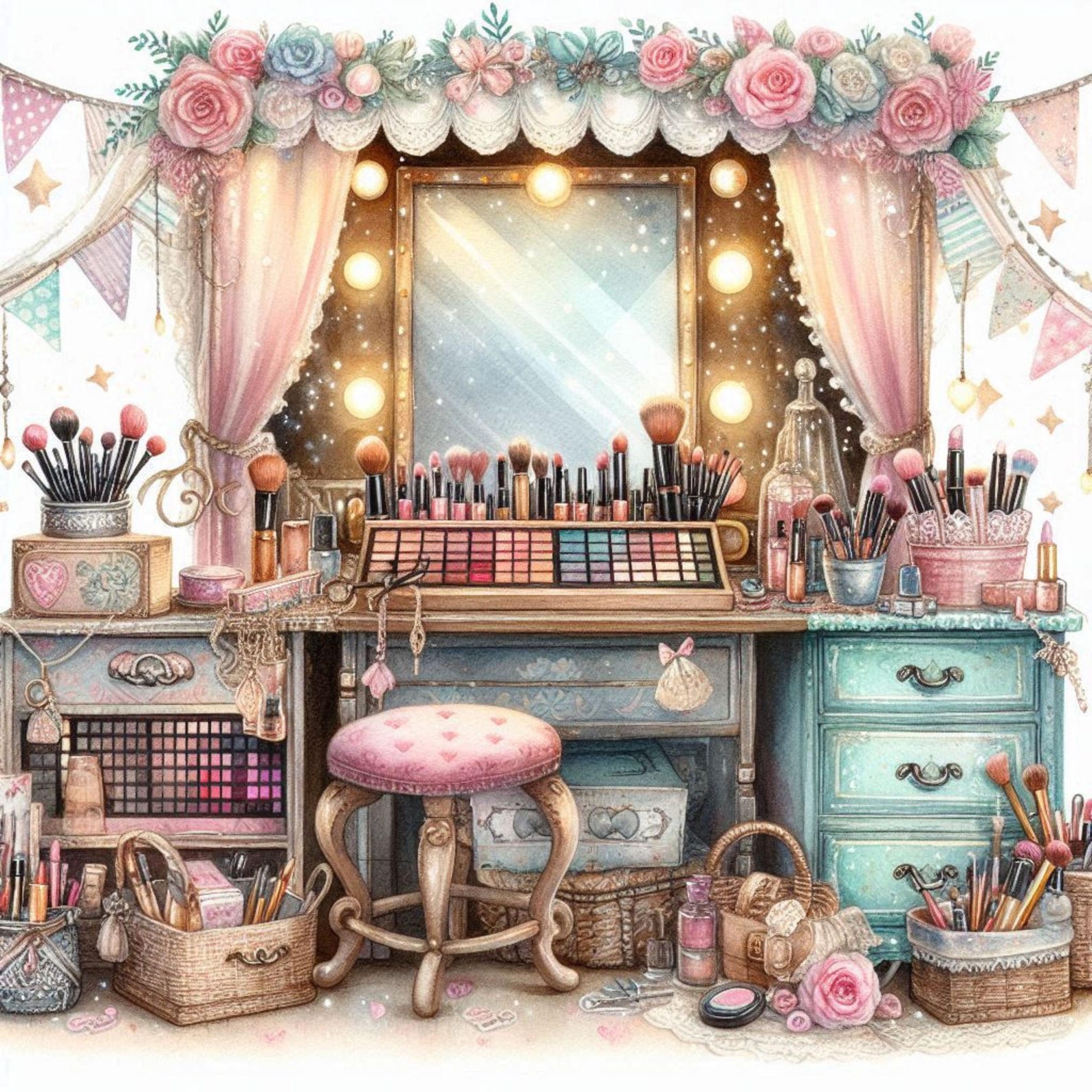 Shabby Chic Makeup Stall Clipart Bundle/10 High Watercolour JPG Junk ...