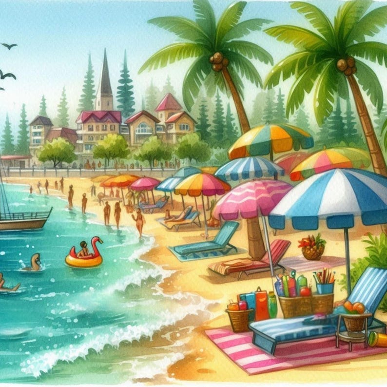 Cartoon Beach Scene Clip Art Bundle/12 High Res Watercolor Jpgs/junk ...