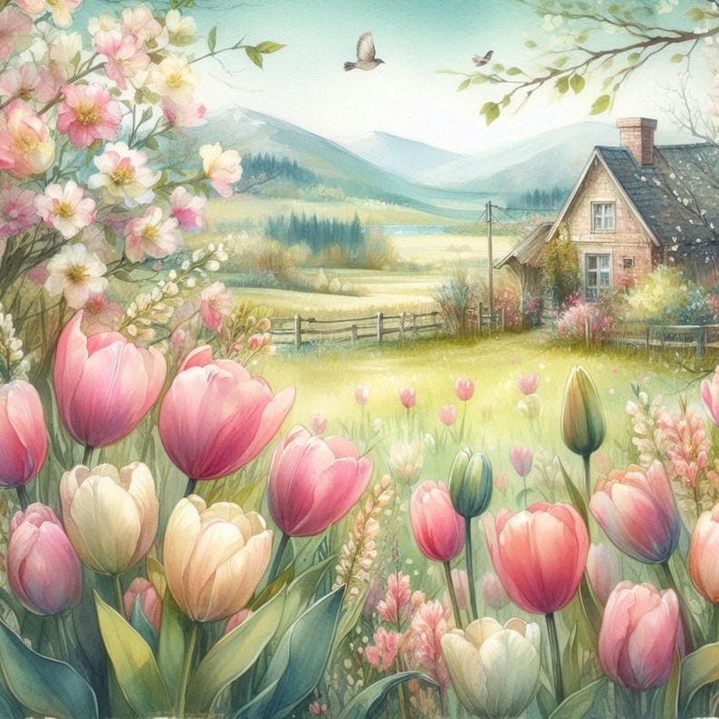 Shabby Chic Spring Tulips Scenery Clip Art Bundle 10 Watercolour JPG ...