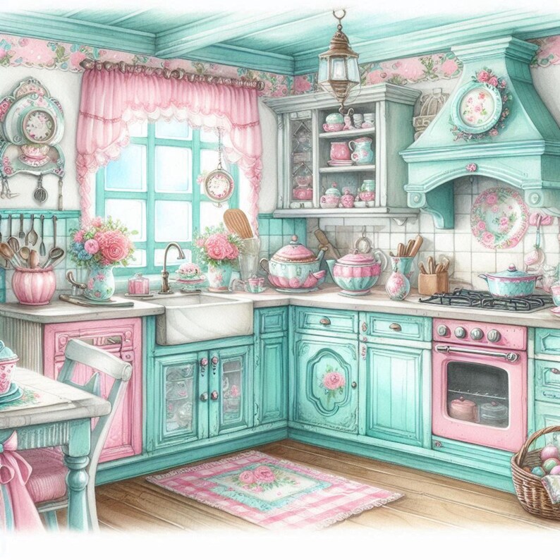 Shabby Chic Pink and Turquoise Kitchen Clipart Bundle 10 High Res ...