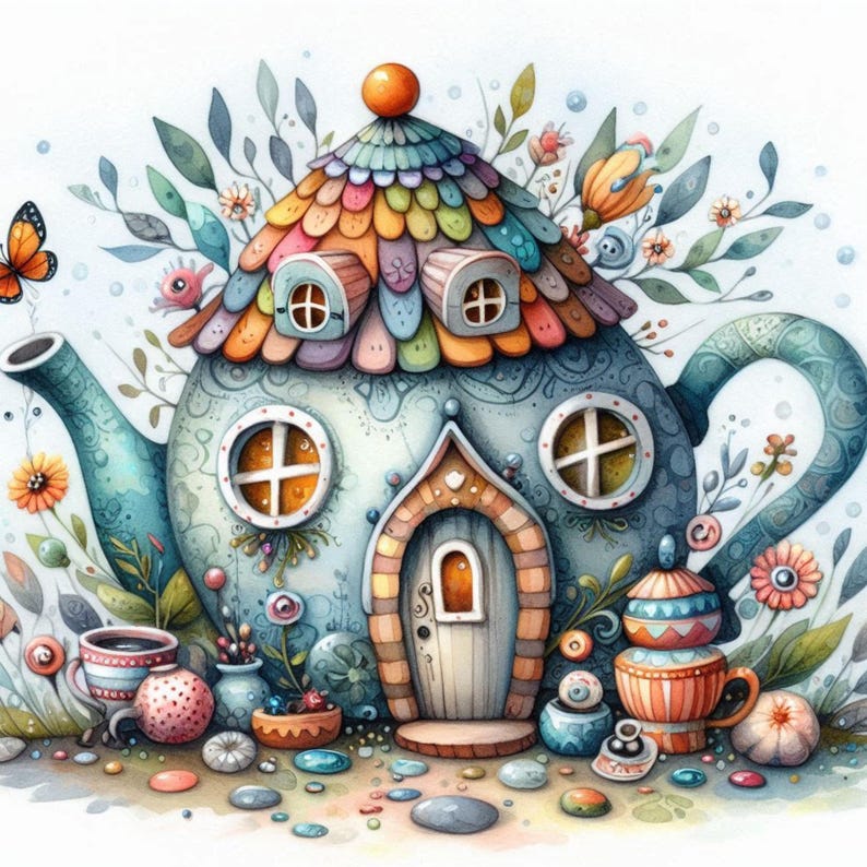 Quirky Whimsical Teapot House Clipart Bundle 10 High Res Watercolor ...