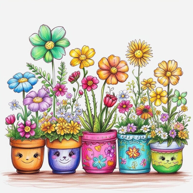 Cute Whimsical Quirky Flower Clip Art Bundle/16 Row of Flowers High Res ...