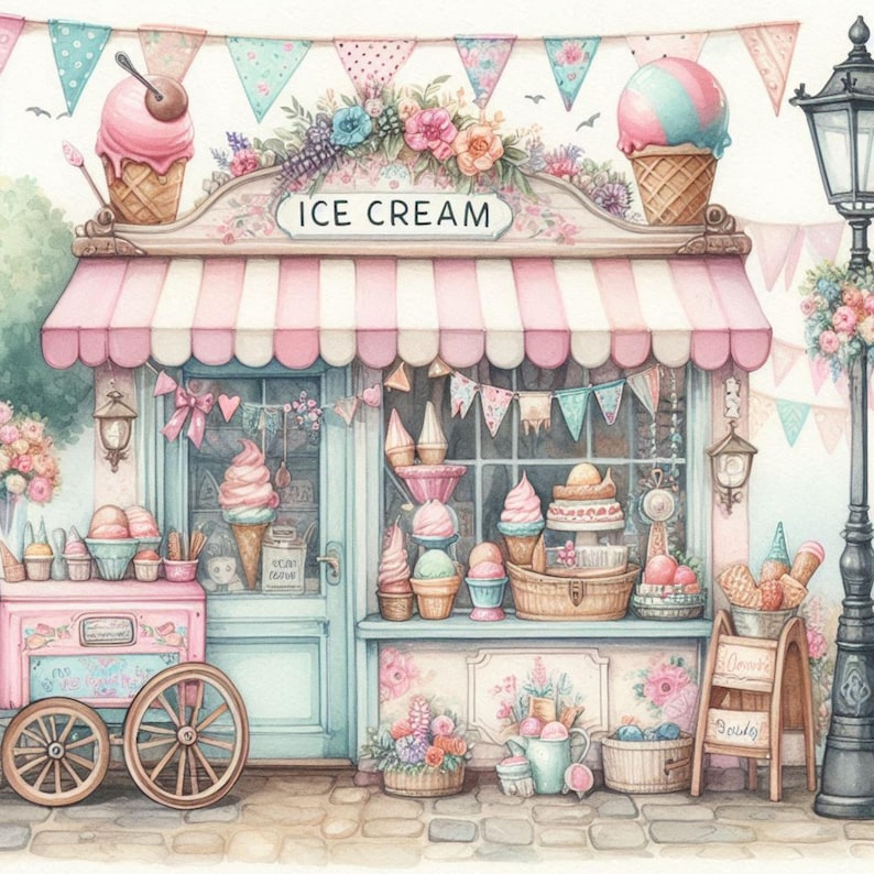 Shabby Chic Ice Cream Shop Clipart Bundle/10 High Res Watercolour Jpgs ...