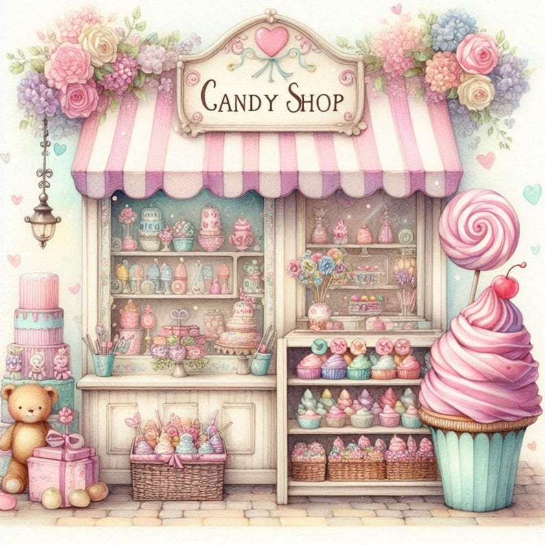 Shabby Chic Candy Shop Clip Art Bundle 10 Watercolour Jpgs Junk Journal ...