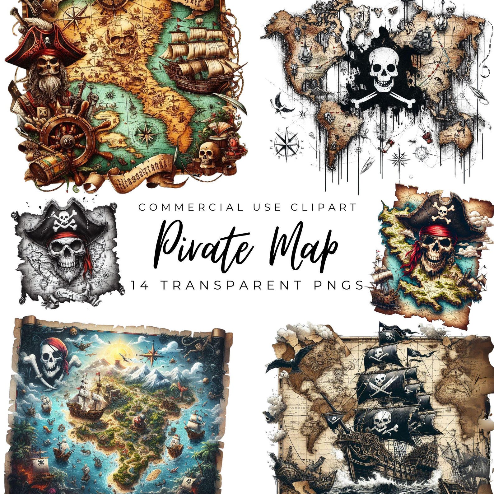 Pirate Map PNG Clipart Bundle, 14 Vintage Treasure Map Graphics for ...