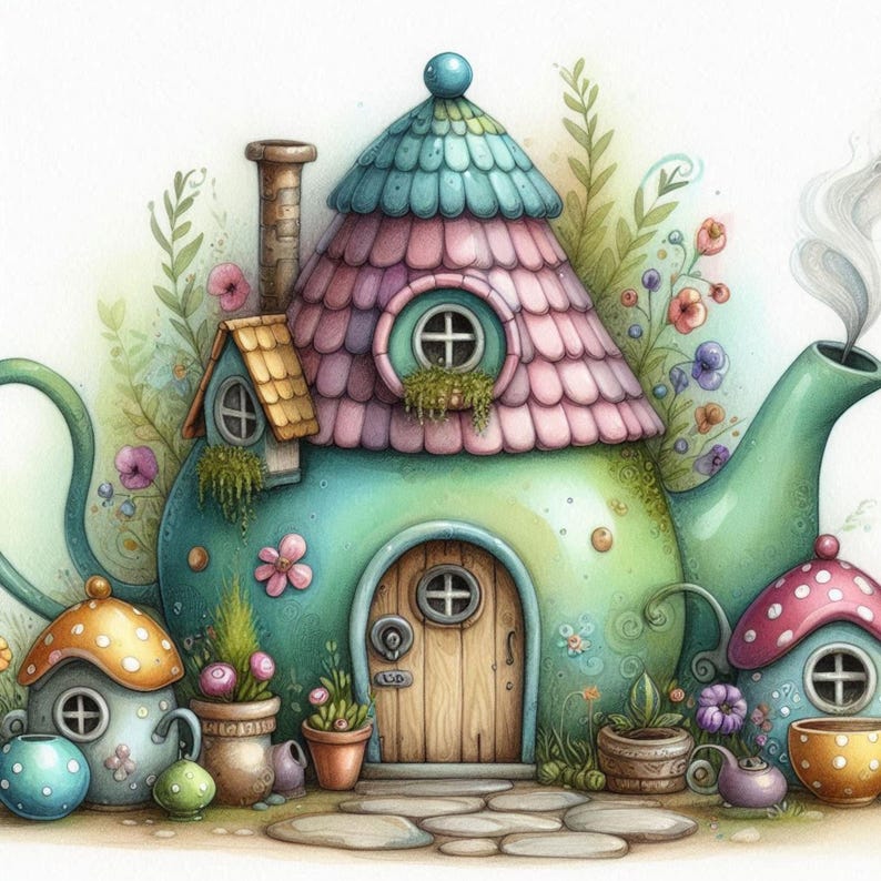 Quirky Whimsical Teapot House Clipart Bundle 10 High Res Watercolor ...