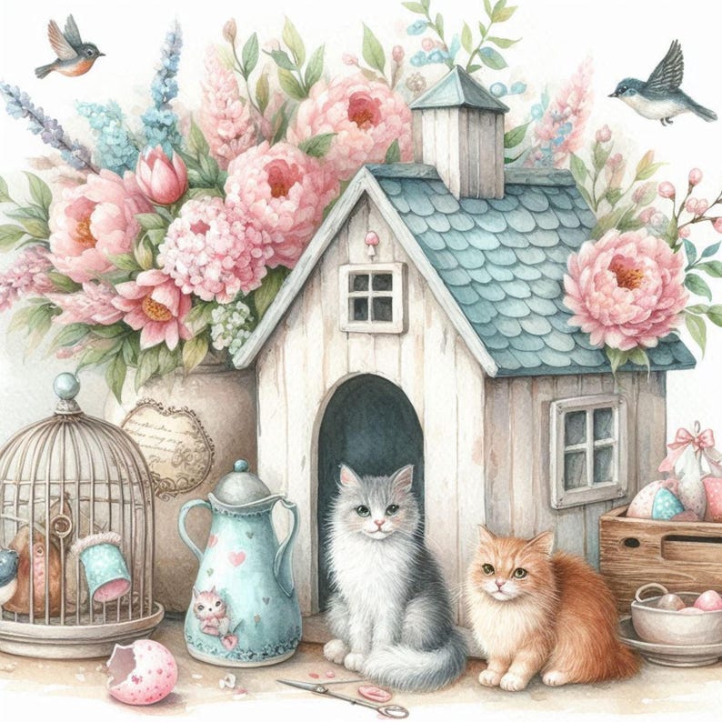 Shabby Chic Cat House Clipart Bundle 10 High Quality Watercolor Jpgs ...
